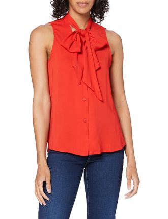Closet Damen Closet Sleeveless Pussy Bow Blouse Bluse, Rot (Red), 38 (Herstellergröße: 12)