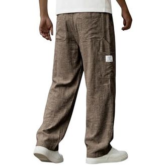 Generic Pantalon en lin pour homme, coupe ample, pantalon d&eacute;contract&eacute;, jambe droite, pantalon de plage, couleur unie, cordon de serrage, pantalon de yoga, res