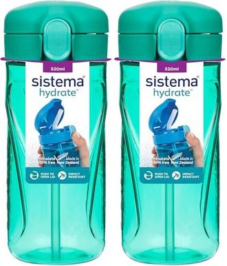 Sistema Hydrate Quick Flip Wasserflasche | 520 ml | BPA-freie Wasserflasche mit Trinkhalm | recycelbar mit TerraCycle | farblich sortiert (Packung mit 2)