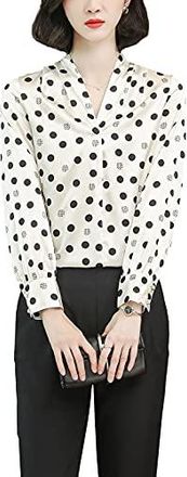 Dissa Chemise en Soie Polka Dot Impression Manches Longues Col V Blouse À Pulls Soie Femme,3XL,S3517