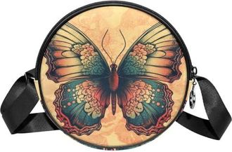 Generic Sac &agrave; bandouli&egrave;re rond pour femme, motif papillon vintage, petit sac &agrave; bandouli&egrave;re avec fermeture &eacute;clair, bretelles r&eacute;glables, sac &agrave; main rond d&eacute;contr