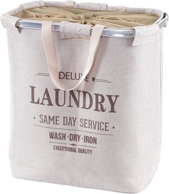 Mendler Wäschesammler HWC-C34, Laundry Wäschekorb Wäschebehälter mit Kordelzug, 2 Fächer Henkel 54x52x32cm 89l - beige