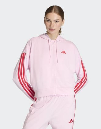 adidas adidas Performance - Essentials - Sweat &agrave; capuche zipp&eacute; en tissu-&eacute;ponge avec logo &agrave; 3 bandes - Rose clair et rubis pur