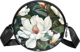 Generic Sac &agrave; bandouli&egrave;re circulaire pour femme, motif magnolias floral, petit sac &agrave; dos &agrave; bandouli&egrave;re avec fermeture &eacute;clair, bretelles r&eacute;glables, sac &agrave; main 