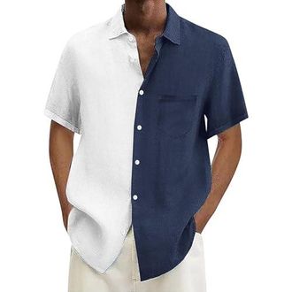 Generic Chemise en lin &agrave; manches courtes pour homme - Chemise d&eacute;t&eacute; d&eacute;contract&eacute;e pour homme - Coupe droite - Chemise en lin boutonn&eacute;e - Basique - Haut de plage