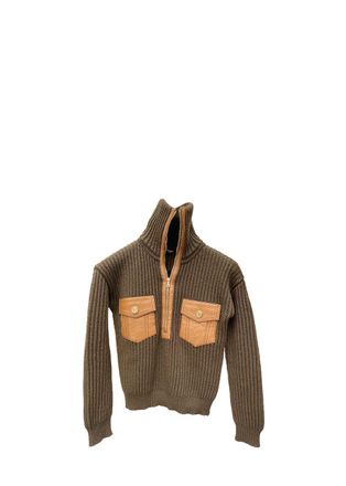 Balmain Khaki Ribbed Funnel Neck Sweater Size XS
