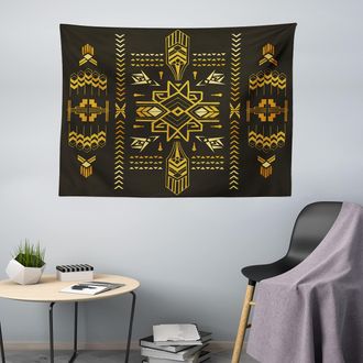 Abakuhaus Geometrisch Wandteppich, Stammes-Weinlese Azteken, Wohnzimmer Schlafzimmer Heim Seidiges Satin Wandteppich, 200 x 150 cm, Senf Dunkelbraun
