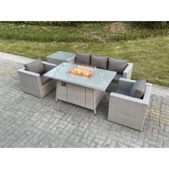 Fimous 5-Sitzer Polyrattan Gartenm&ouml;bel Set im Freien Gas Feuertisch Sofa Sets mit 2 Sessel Beistelltisch Helles Grau - Fimous