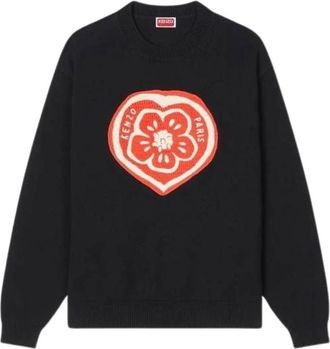 Kenzo Homme, Pulls, Noir, Taille: M Pull Ras du Cou avec &Eacute;cusson Fleur Brod&eacute;