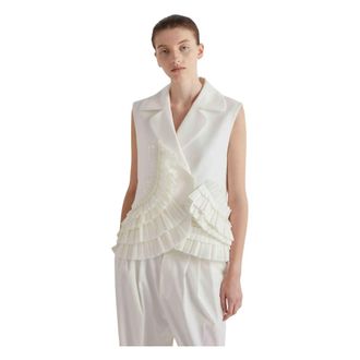 Meimeij Femme, Vestes, Blanc, Taille: 36 FR Gilet crois&eacute; avec ourlet &agrave; volants pliss&eacute;s