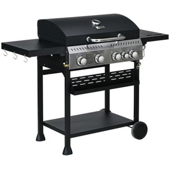 OUTSUNNY Barbecue &agrave; gaz 4+1 - 12,5 kW - 2 roues, &eacute;tag&egrave;res, thermom&egrave;tre, d&eacute;capsuleur, crochets - acier inox noir