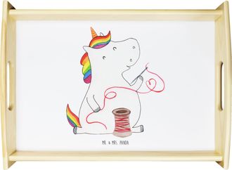 Mr. & Mrs. Panda Holztablett Einhorn Näherin - Geschenk, Bett tablett, aus Holz, Unicorn, kaffeetablett, Servier, Einhörner, Nähen, Freundin, Häkeln