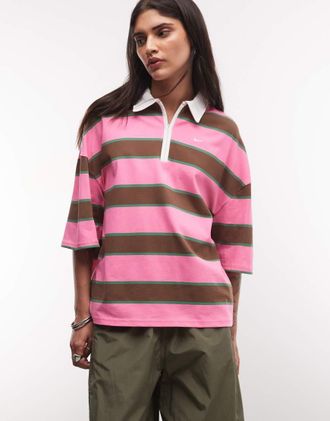 Nike kastiges Polohemd mit Streifen in Pink und Braun-Rosa