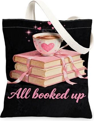 Generic Sacs fourre-tout en toile vintage artistique, motif livre empil&eacute;, sacs d&eacute;picerie r&eacute;utilisables, l&eacute;gers et lavables en toile pour, noir, 13x15 Inch