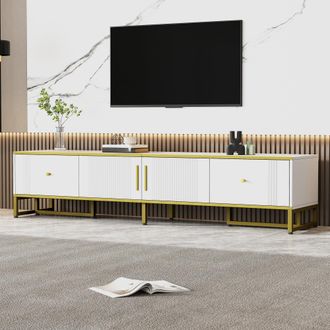 Generic TV-Schrank Wei&szlig; mit Gold Akzenten 180 cm TV Lowboard f&uuml;r Fernseher bis 80 Zoll mit 2 T&uuml;ren 2 Schubladen Kabelmanagement und verstellbaren F&uuml;&szlig;en modern