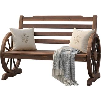 Relaxdays Relaxdays Gartenbank Wagenrad, rustikales Design, HBT: 77x112x52 cm, 2 Sitzer, Holzbank mit Lehne, Outdoorbank, braun