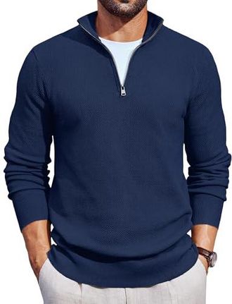Coofandy Pull Homme Zipp&eacute; Pulls Tricot&eacute; de Travail Sweat Hiver Pull de Couleur Unie Pulls Basique &agrave; Manches Longues Bleu Marine M