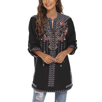 JD Williams Damen Tunika B&ouml;hmen Stickerei T-Shirt Herbst Besticktes Hemd Langarm Bauernin Casual Tops Blouse Lose Oberteile (XXX-Large, Schwarz-127)