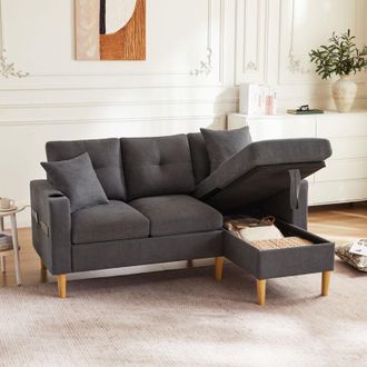 STILVORA Canap&eacute; dangle 3 Places avec 2 Coussins, M&eacute;ridienne de Rangement et Porte-Gobelet, en Coton Lin Gris Fonc&eacute;