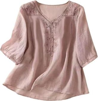 Generic Chemisier boh&egrave;me en lin pour femme avec col en V - Style boh&egrave;me r&eacute;tro - Motif floral brod&eacute; - Tunique printani&egrave;re hippie &agrave; volants sur le devant - Chem