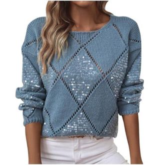 Onsoyours Pull Chaud Paillettes Femme Brillant Pulls Femme Chic et Elegant Hiver Haut de Soir&eacute;e &agrave; Paillettes Col Rond Manches Longues Pullover A Bleu XL