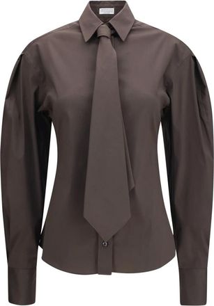 Brunello Cucinelli Chemise en m&eacute;lange de coton avec cravate - Femme - Blouses et Chemises - Brun - Taille: 42 FR
