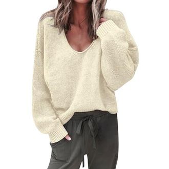 Generic Pull pour femme - Couleur unie - Automne et hiver - Col en V - Surdimensionn&eacute; - Tricot d&eacute;contract&eacute; - Tendance - Pour femme, beige, XL