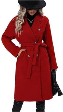 Generic Trench-Coat Long ceintur&eacute; for femmes, veste coupe-vent chaude avec poches avant, v&ecirc;tements dext&eacute;rieur classiques jusquaux genoux(Red,XXL)
