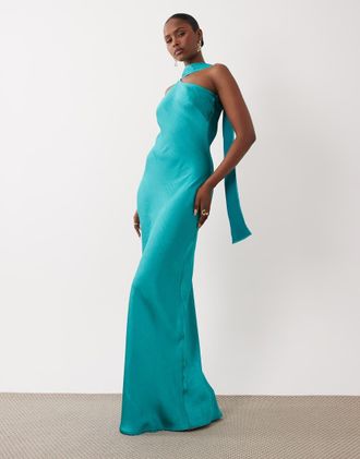 Tfnc Robe longue asym&eacute;trique en satin avec foulard - Aigue-marine-Bleu