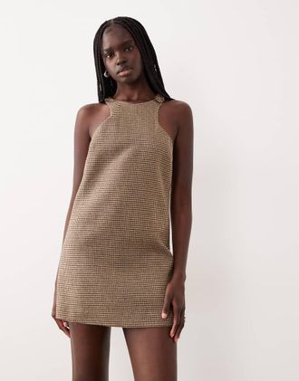 Mango &Auml;rmelloses, elegantes Minikleid mit braunem Karomuster-Brown