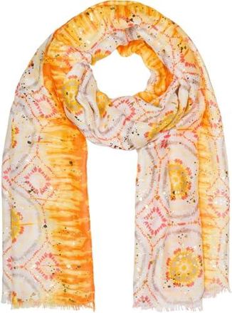 styleBREAKER Écharpe femme motif batik avec rayures métalliques, foulard léger style boho avec de courtes franges 01016230, couleur:Jaune-orange