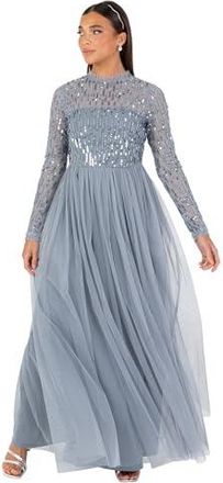 Maya Womens Maxi Dress Ladies Modest High Neck Long Sleeve Tulle Sequin Embellished A-Line Wedding Guest Bridesmaid Prom, Dusty Blue, 52