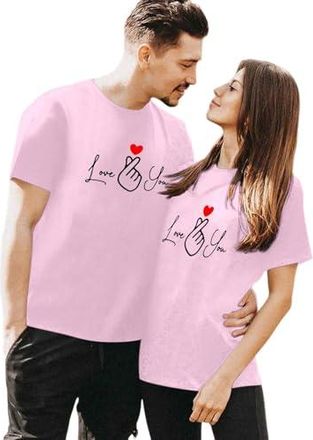 Generic T-shirt &agrave; manches courtes et col rond imprim&eacute; pour femme 2026 Saint-Valentin, rose, XXL