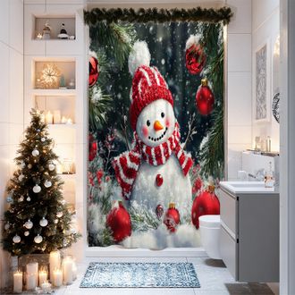 Generic Schneemann-Duschvorhang, weihnachtliche Weihnachtsdekoration, Tannenzweige, rot, wasserdicht, Stoff-Design, Druck, Badvorhänge für Badezimmer, Toilett