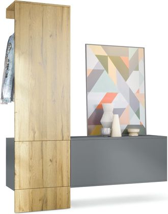 Vladon Garderobe Carlton Set 4, Made in Germany, Wandgarderobe aus Deko-Paneel & Hängeschrank für Schuhe, Anthrazit matt/Eiche Natur (156,5 x 193 x 35 cm)