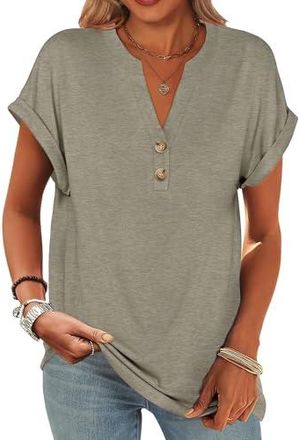 Zeagoo T-shirt dété décontracté à manches courtes pour femme - Coupe ample - Tunique boutonnée, beige, S