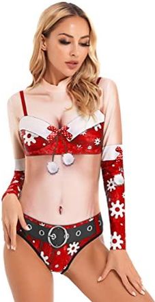 dPois D&eacute;guisement M&egrave;re No&euml;l Femme Sexy Justaucorps Danse Classique Femme Manche Longue Maillot de Bain 1 Pieces Leotard Gymnastique Costume Lutin de Noel S-