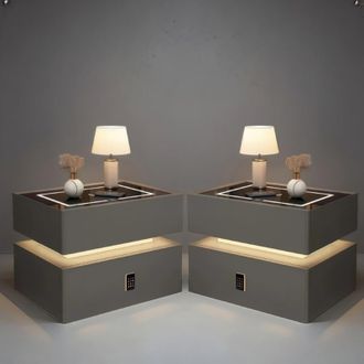 Generic Intelligenter Nachttisch Mit Kabelloser Aufladung, LED-Licht Und Passwortsperre, Nachttisch Aus Massivholz Mit 2 Schubladen Und USB-Anschlüssen for Bl