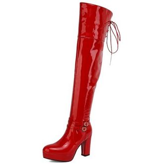 SJJH Bottes au-dessus du genou - Bottes tendance pour femme pour &eacute;v&eacute;nements et vie quotidienne - Talon de 10 cm - Doublure chaude, rouge, 37 EU
