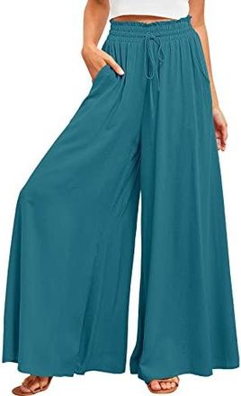 Generic Robes boh&egrave;me 2026 pour femmes, pantalon &agrave; jambes larges, drap&eacute; fluide, volants, couleur unie, cordon de serrage &agrave; la taille, bleu ciel, XXL