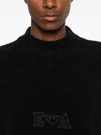 Emporio Armani Ribbed Knit with Embroidered Logo Sweater - Black