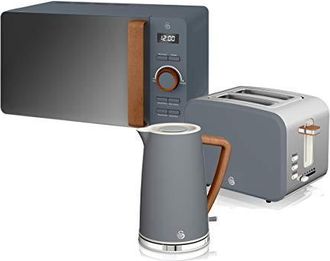 SWAN Nordic Set petit-déjeuner bouilloire 1,7 L 2200 W, grille-pain à fente large 2 tranches, micro-ondes 20 L numérique, design moderne, effet bois, gris
