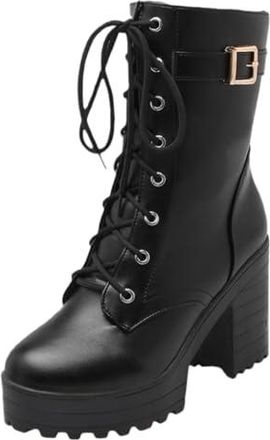 Generic Bottines pour Femme &agrave; Lacets Talon Bloc Plateforme Bout Rond Bottes Courtes Elegant Style Britannique Antid&eacute;rapante Bottines Talon Haut D&eacute;contract&eacute;e L