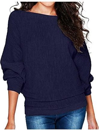 Generic Pull en coton tricoté pour femme - Manches chauve-souris - Sweat-shirt à manches longues - Élégant - Couleur unie - Grandes tailles - Décontracté - Ha