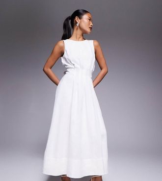 Forever New Robe mi-longue et sans manches en lin avec dos en V &agrave; d&eacute;tail nou&eacute; - Blanc