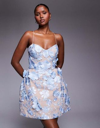 Jarlo Ronie - Strukturiertes Minikleid aus floraler Spitze in Blau