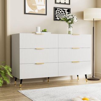 STILVORA Buffet et Enfilade avec 6 Tiroirs, Fa&ccedil;ade Ondul&eacute;e, Poign&eacute;es et Pieds Dor&eacute;s, en Panneaux de Particules, 120&times;40&times;77 cm, Blanc