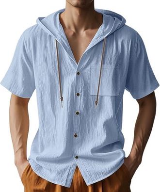 Generic Chemise en lin pour homme, grande et haute, chemise boutonn&eacute;e &agrave; capuche, couleur unie, chemise d&eacute;t&eacute; &eacute;l&eacute;gante, douce et confortable, haut d&eacute;contract&eacute;, 