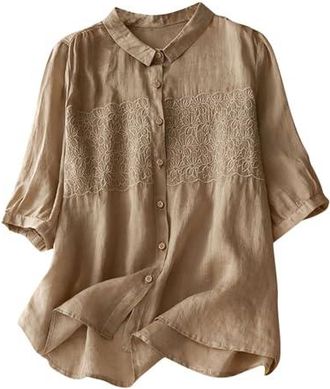 Generic Chemises chinoises en lin pour femme - Style d&eacute;contract&eacute; - Avec broderie florale - Style vintage - Boho - Confortable, kaki, XXL