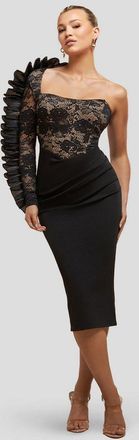 Goddiva Midikleid One Shoulder Organza Fan Detail Lace Bodice Midi Dress Knielanges Kleid, Lange &Auml;rmel, One Shoulder